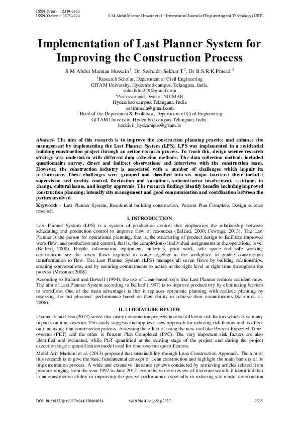 (PDF) Implementation of Last Planner System for Improving the Construction Process