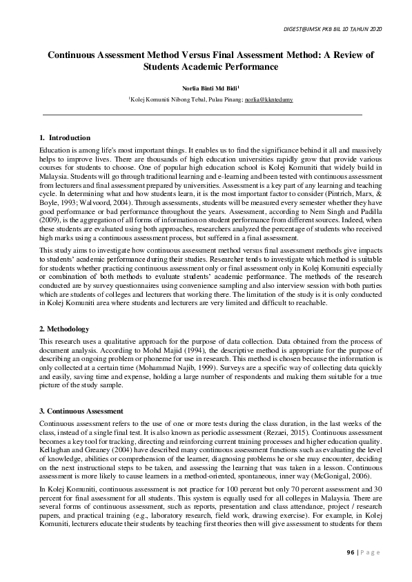 (PDF) Continuous Assessment Method Versus Final Assessment Method: A ...