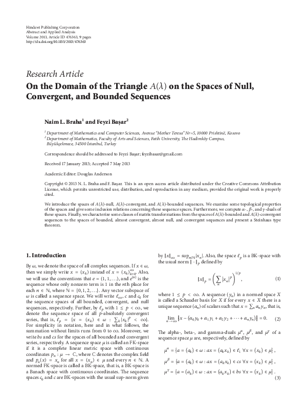 (PDF) On the Domain of the Triangle $A left( lambda right)$ on the Spaces of Null, Convergent ...