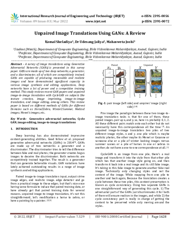 (PDF) Unpaired Image Translations Using GANs: A Review