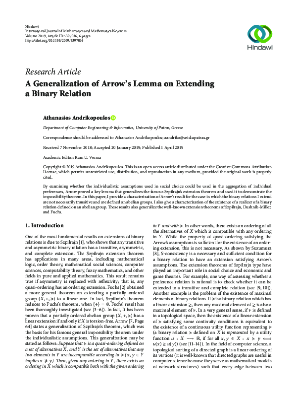 (PDF) A Generalization of Arrow’s Lemma on Extending a Binary Relation