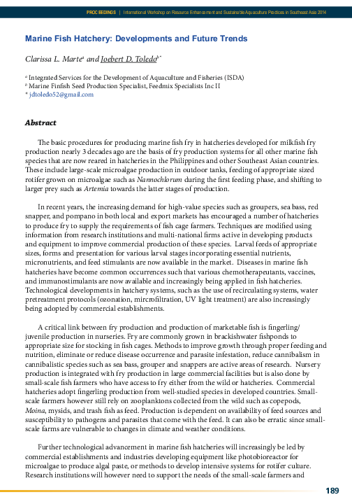 (PDF) Marine fish hatchery: developments and future trends