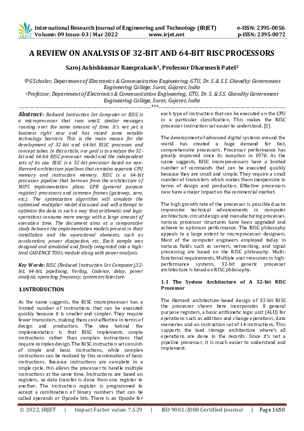 (PDF) A REVIEW ON ANALYSIS OF 32-BIT AND 64-BIT RISC PROCESSORS