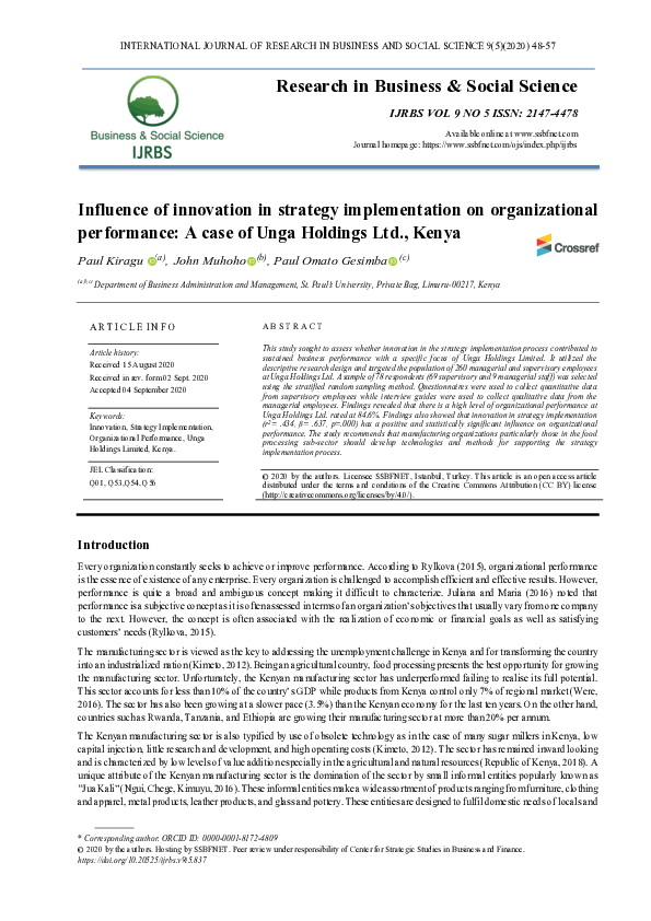 (PDF) Influence of innovation in strategy implementation on organizational performance
