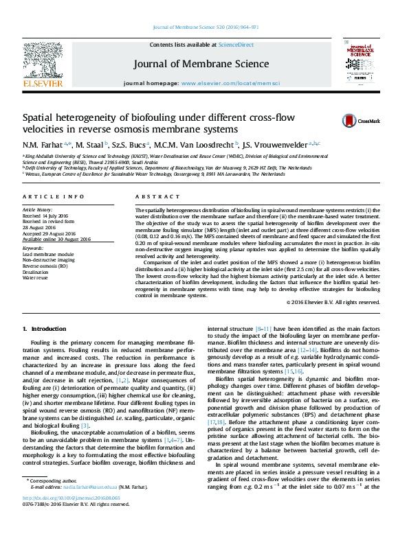(PDF) Spatial heterogeneity of biofouling under different cross-flow velocities in reverse ...