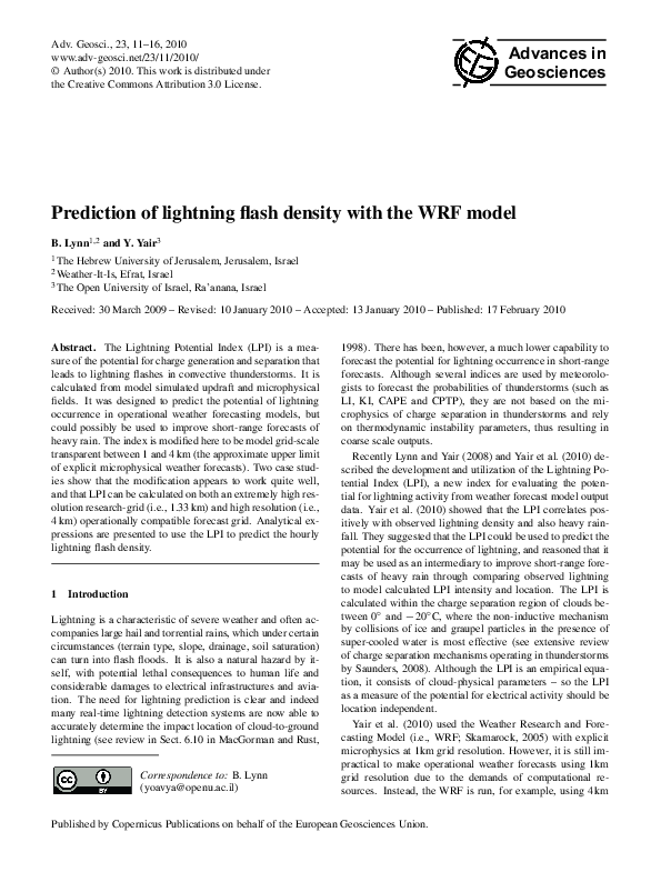 (PDF) Prediction of lightning flash density with the WRF model | Yoav Yair - Academia.edu