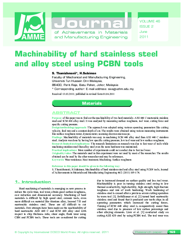 (PDF) Machinability of hard stainless steel and alloy steel using PCBN ...