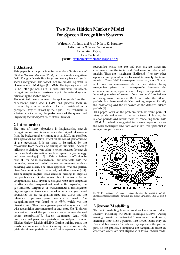 Pdf Two Pass Hidden Markov Model For Speech Recognition Systems Nikola Kasabov
