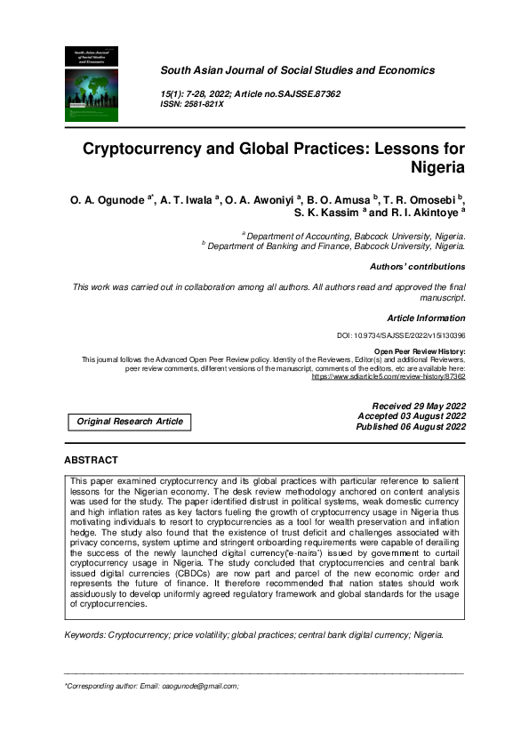 (PDF) Cryptocurrency and Global Practices: Lessons for Nigeria