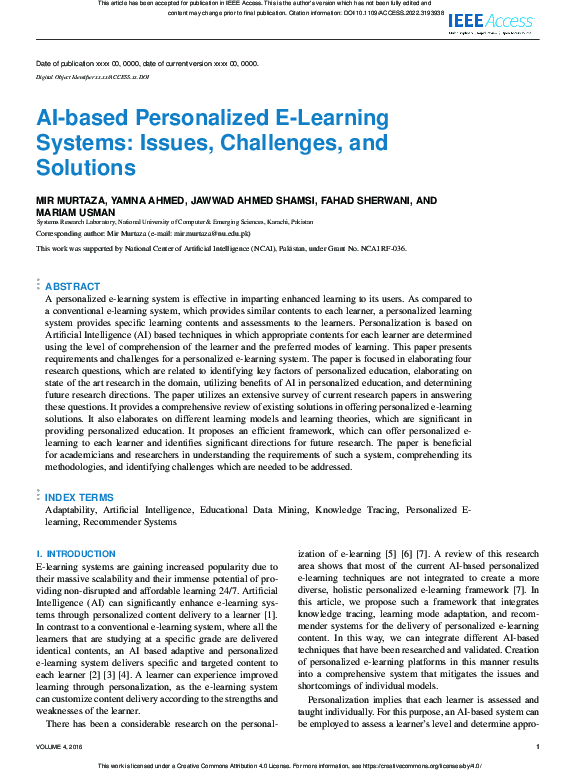 (PDF) AI-based Personalized E-Learning Systems: Issues, Challenges, and Solutions