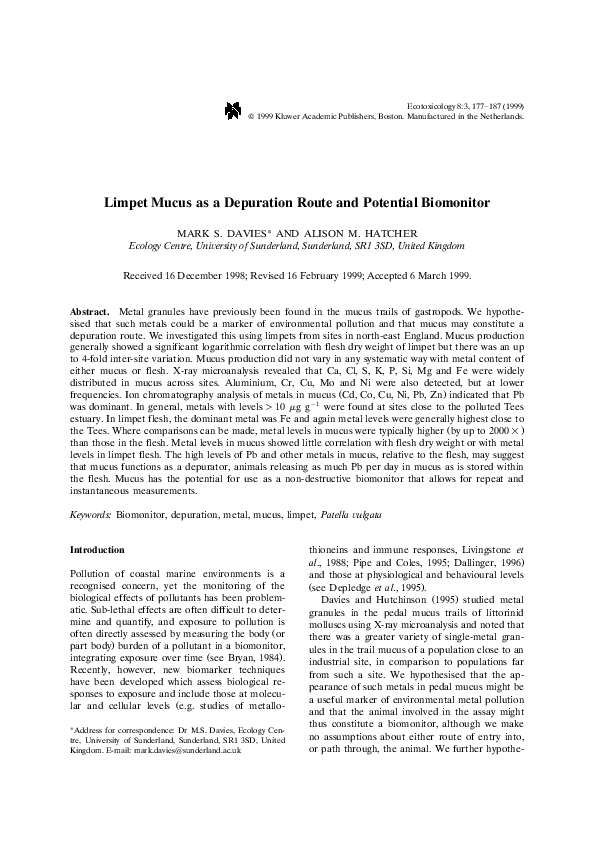 (PDF) Limpet Mucus as a Depuration Route and Potential Biomonitor