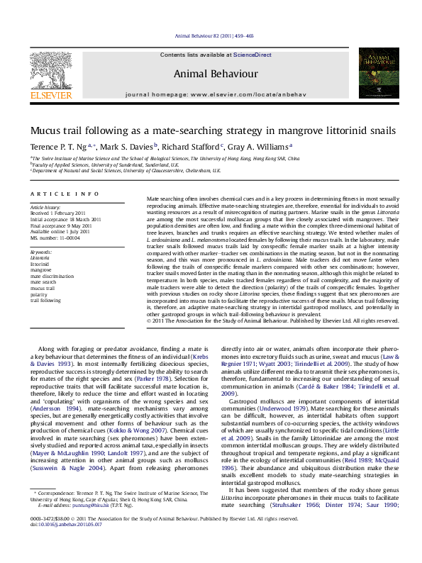 (PDF) Mucus trail following as a mate-searching strategy in mangrove ...