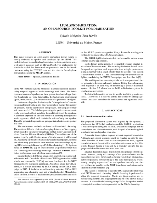 Pdf Liumspkdiarization An Open Source Toolkit For Diarization