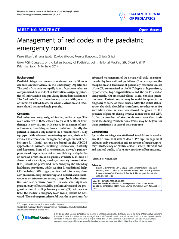 (PDF) Management of red codes in the paediatric emergency room