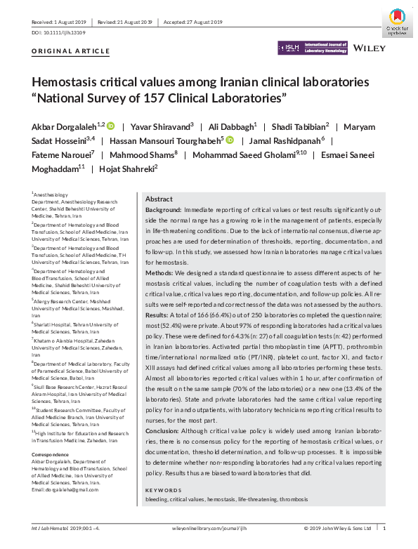 (PDF) Hemostasis critical values among Iranian clinical laboratories “National Survey of 157 ...