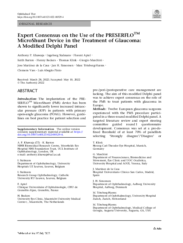 (PDF) Expert Consensus on the Use of the PRESERFLO™ MicroShunt Device ...