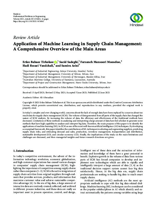 (PDF) Application of Machine Learning in Supply Chain Management: A ...