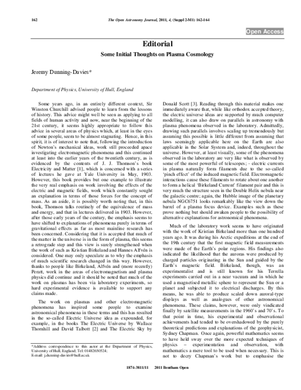 (PDF) Editorial: Some Initial Thoughts on Plasma Cosmology