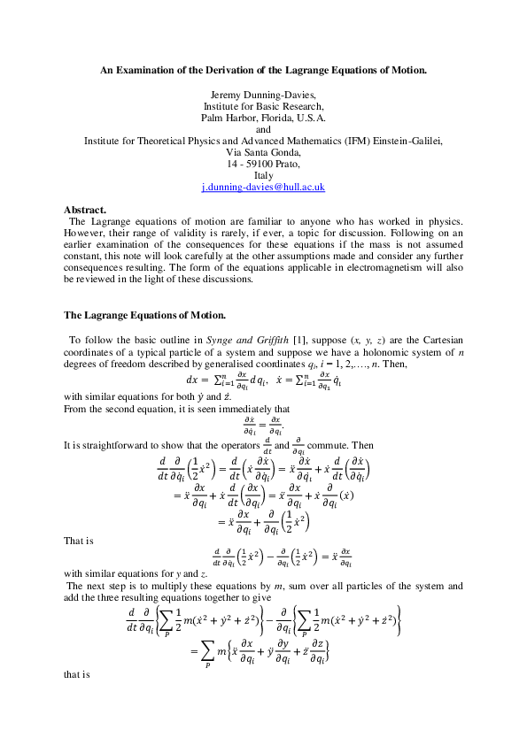 (PDF) An Examination of the Derivation of the Lagrange Equations of Motion