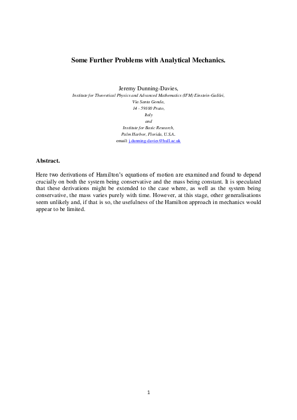 (PDF) Some Further Problems with Analytical Mechanics