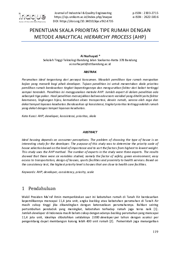 (PDF) Penentuan Skala Prioritas Tipe Rumah Dengan Metode Analytical Hierarchy Process (Ahp) | Ai ...