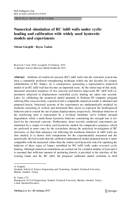 (PDF) Numerical simulation of RC infill walls under cyclic loading and calibration with widely ...