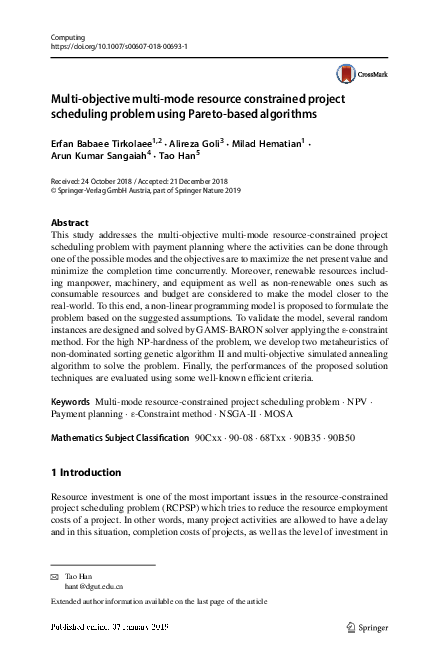 (PDF) Multi-objective multi-mode resource constrained project scheduling problem using Pareto ...