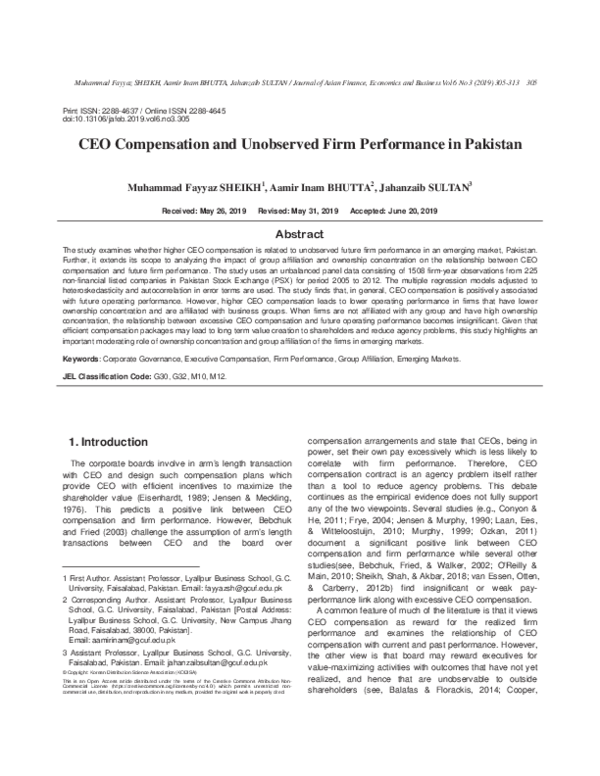 (PDF) CEO Compensation and Unobserved Firm Performance in Pakistan