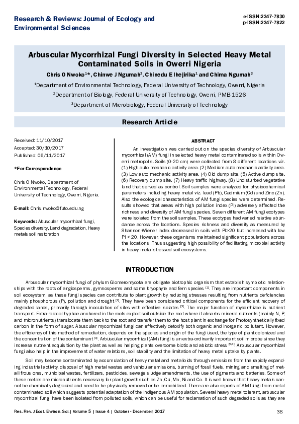(PDF) Arbuscular Mycorrhizal Fungi Diversity in Selected Heavy MetalContaminated Soils in Owerri ...