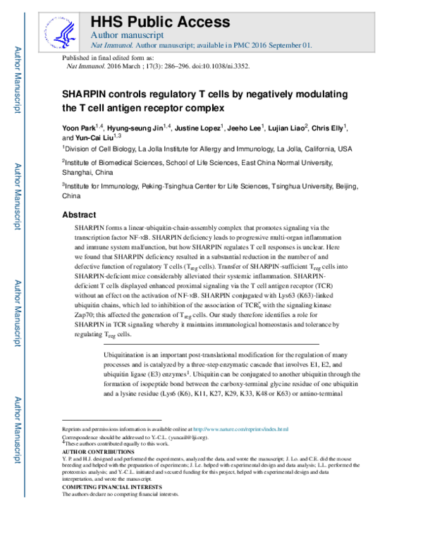 (PDF) F1000Prime recommendation of SHARPIN controls regulatory T cells ...