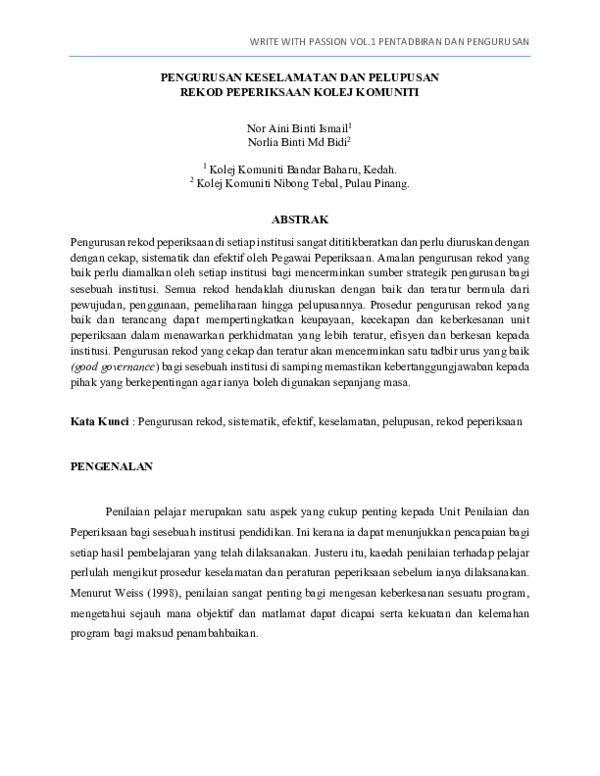 (PDF) PENGURUSAN KESELAMATAN DAN PELUPUSAN REKOD PEPERIKSAAN KOLEJ KOMUNITI