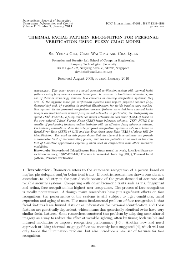 (PDF) Thermal Facial Pattern Recognition for Personal Verification ...