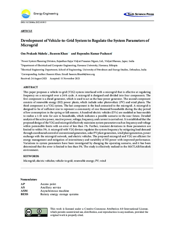 (PDF) Development of Vehicle-to-Grid System to Regulate the System Parameters of Microgrid | Dr ...