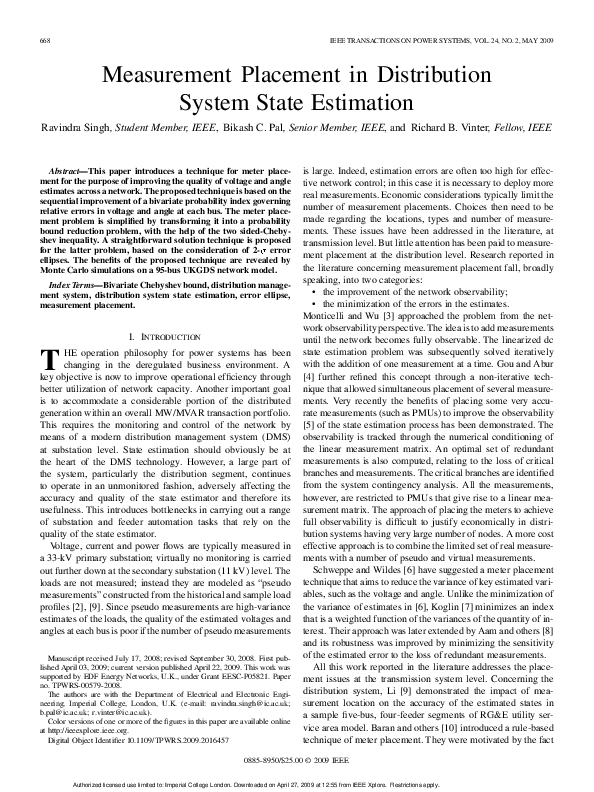 Pdf Measurement Placement In Distribution System State Estimation