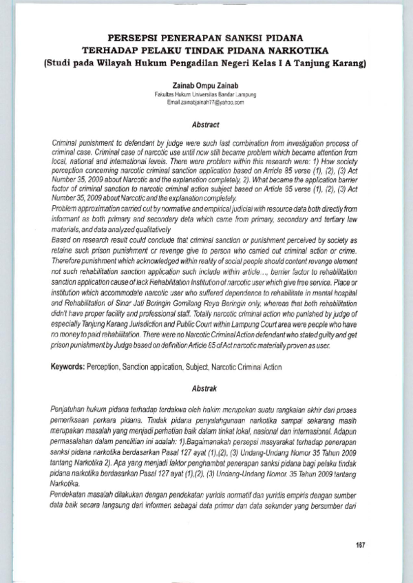 (PDF) Persepsi Penerapan Sanksi Pidana terhadap Pelaku Tindak Pidana Narkotika (Studi pada ...