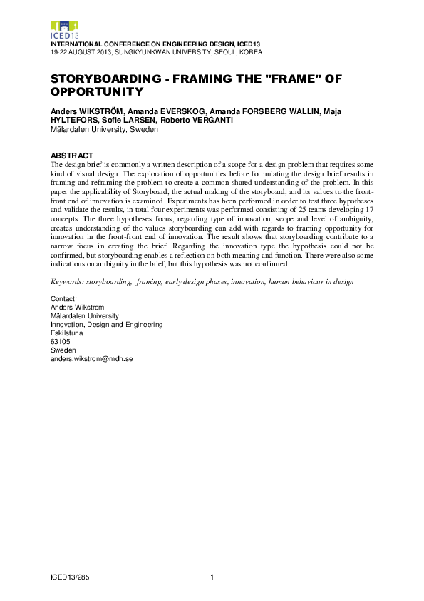 (PDF) Storyboarding - Framing the "frame" of opportunity