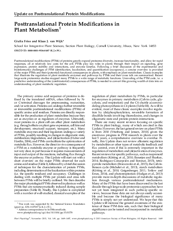 (PDF) Update: Post-translational protein modifications in plant metabolism