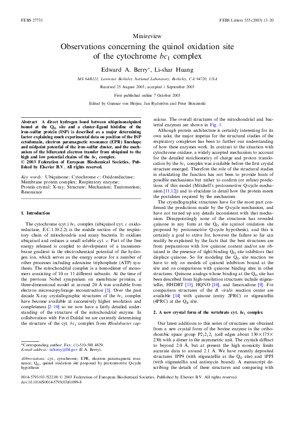 (PDF) Observations concerning the quinol oxidation site of the ...