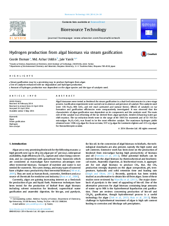 (PDF) Hydrogen production from algal biomass via steam gasification