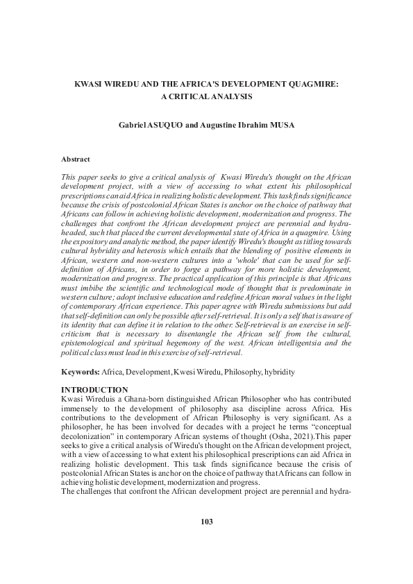 (PDF) KWASI WIREDU AND THE AFRICA'S DEVELOPMENT QUAGMIRE: A ...