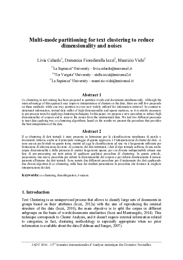 (PDF) Multi-mode partitioning for text clustering to reduce dimensionality and noises