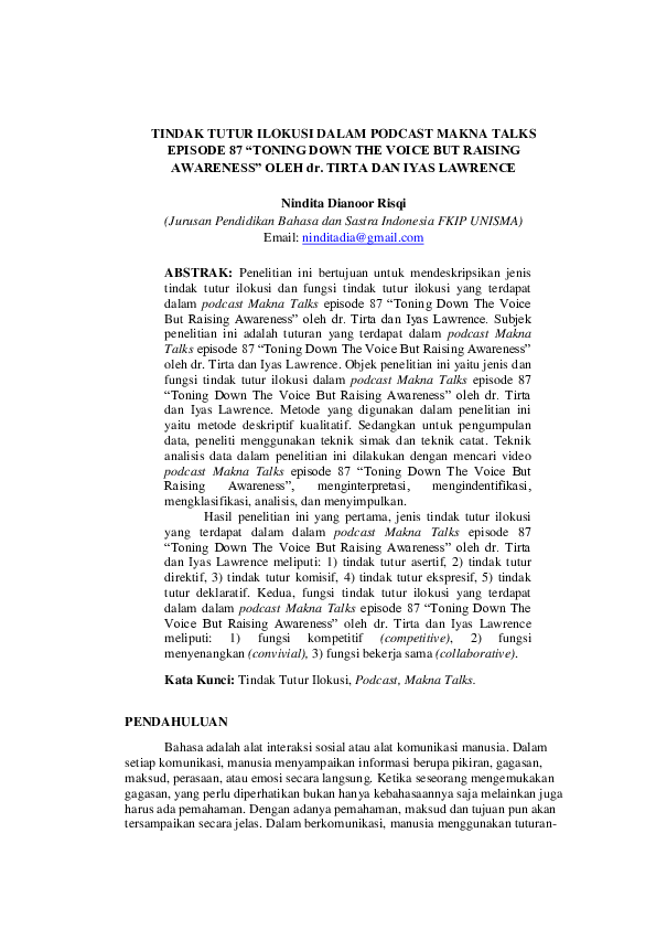 (PDF) Tindak Tutur Ilokusi Dalam Podcast Makna Talks Episode 87 “Toning ...