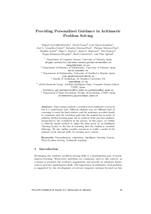 (PDF) Providing Personalized Guidance in Arithmetic Problem Solving | Pilar Quirós - Academia.edu