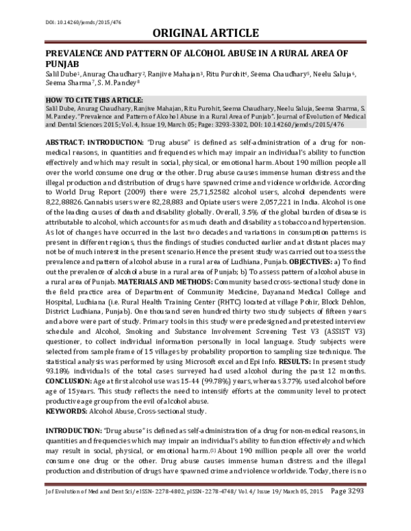 (PDF) Prevalence and Pattern of Alcohol Abuse in a Rural Area of Punjab