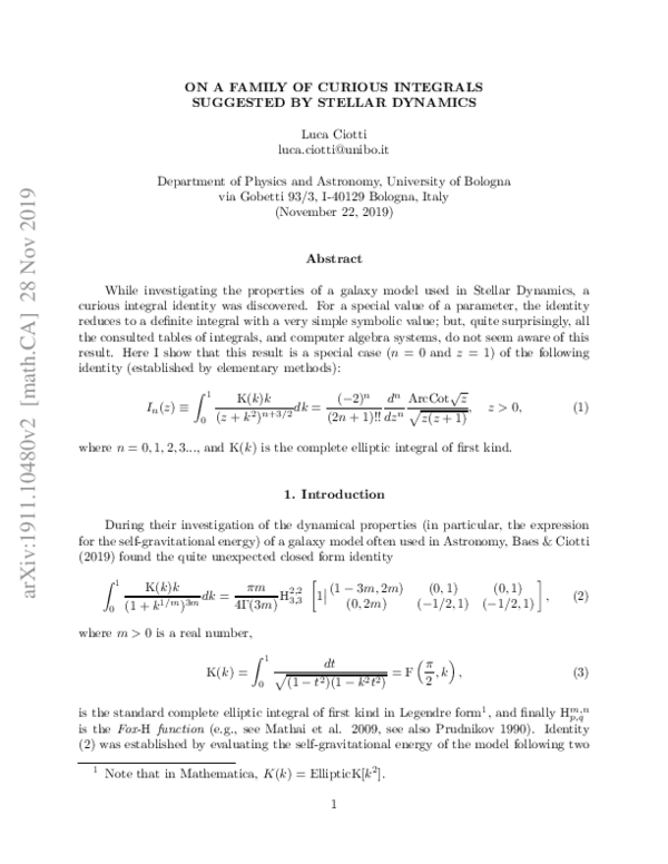 (PDF) On a family of curious integrals suggested by Stellar Dynamics ...