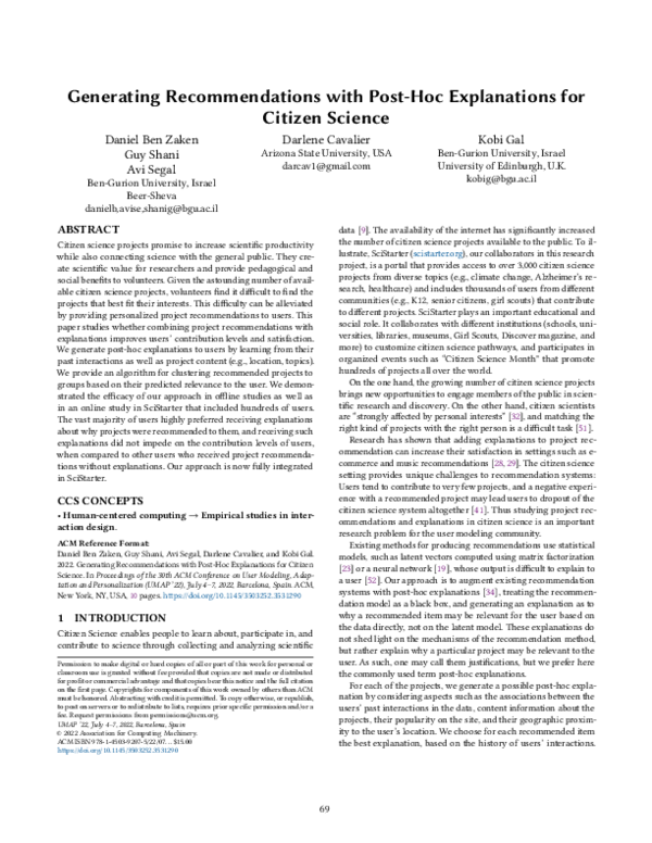 Pdf Generating Recommendations With Post Hoc Explanations For Citizen Science