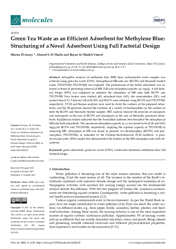 (PDF) Green Tea Waste as an Efficient Adsorbent for Methylene Blue ...