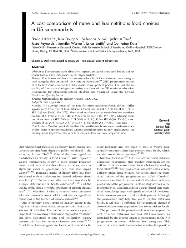 (PDF) A cost comparison of more and less nutritious food choices in US ...