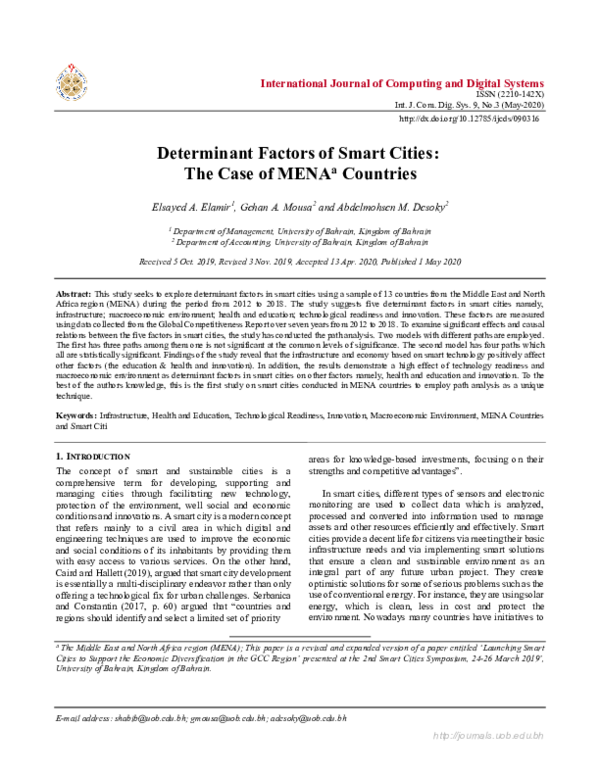 (PDF) Determinant Factors of Smart Cities : Countries a MENAThe Case of Elsayed