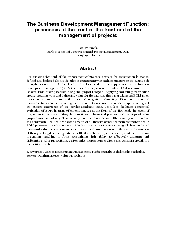 (PDF) The business development management function: processes at the ...